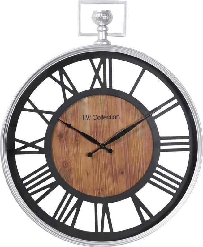 LW collection wandklok zilver en zwart hout met glasplaat 60cm - Grote ...